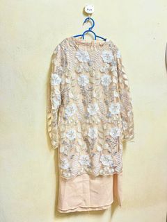 Zalia cream/beige pleated tiered flared kurung, Women's Fashion ...