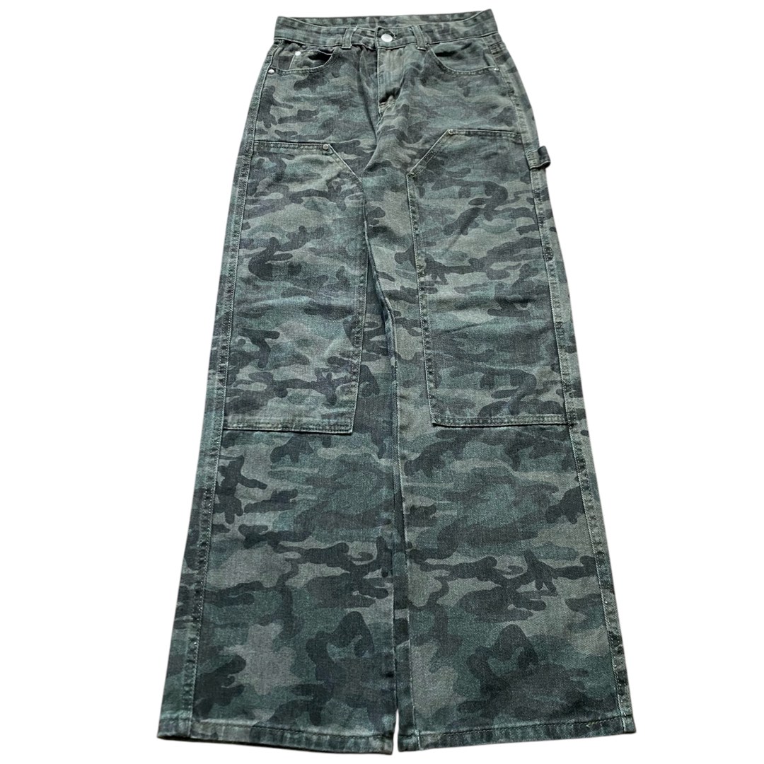 Random Camouflage Double Knee (CAMOUFLAGE GREEN) Heavy Denim Semi-Baggy ...