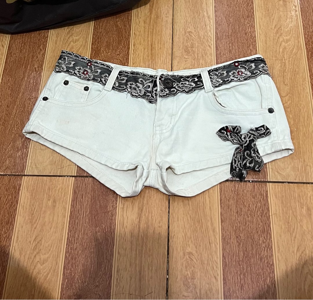 Bohemian Micro Shorts with Belt Cream Beige Denim Y2K Vintage Gyaru ...