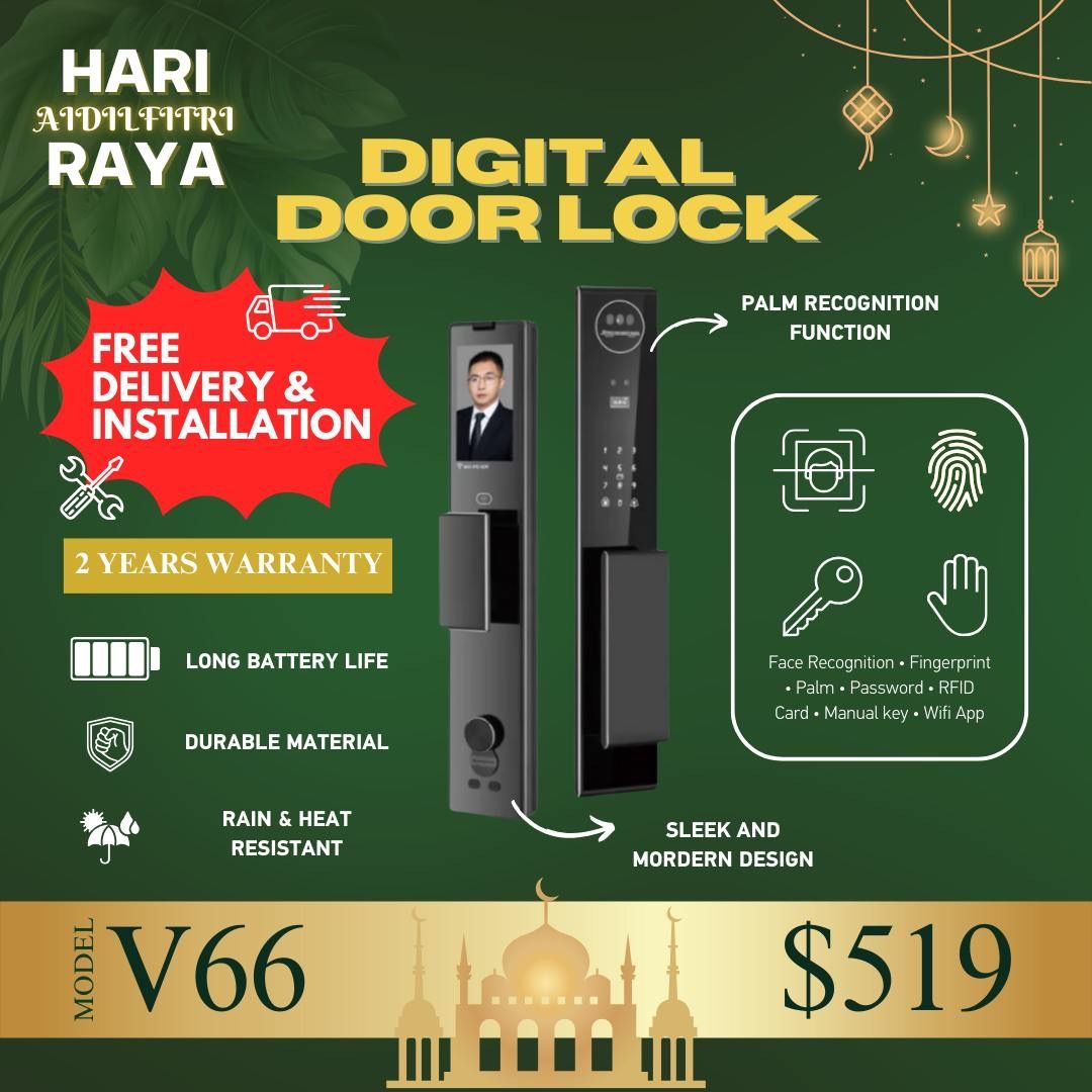 [FREE DELIVERY & INSTALLATION] V66 Digital Door Lock 9 in 1 palm + face ...