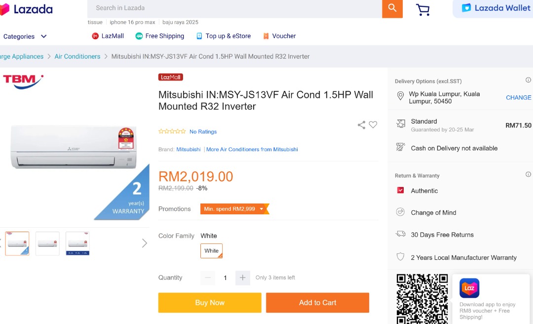 Mitsubishi IN:MSY-JS13VF Air Cond 1.5HP Wall Mounted R32 Inverter, TV ...