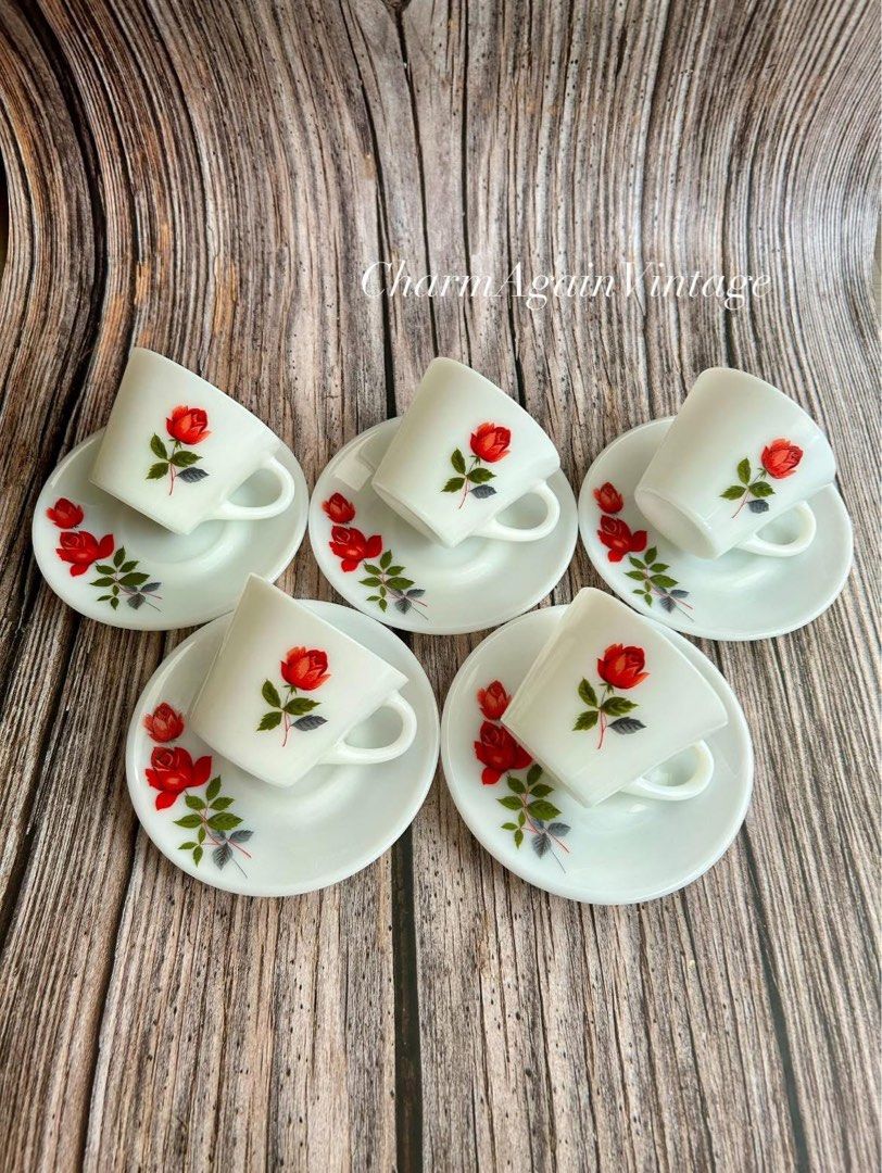 Vintage JAJ Pyrex June Rose Tea Cup and Saucer Set x 5., Hobbies & Toys ...