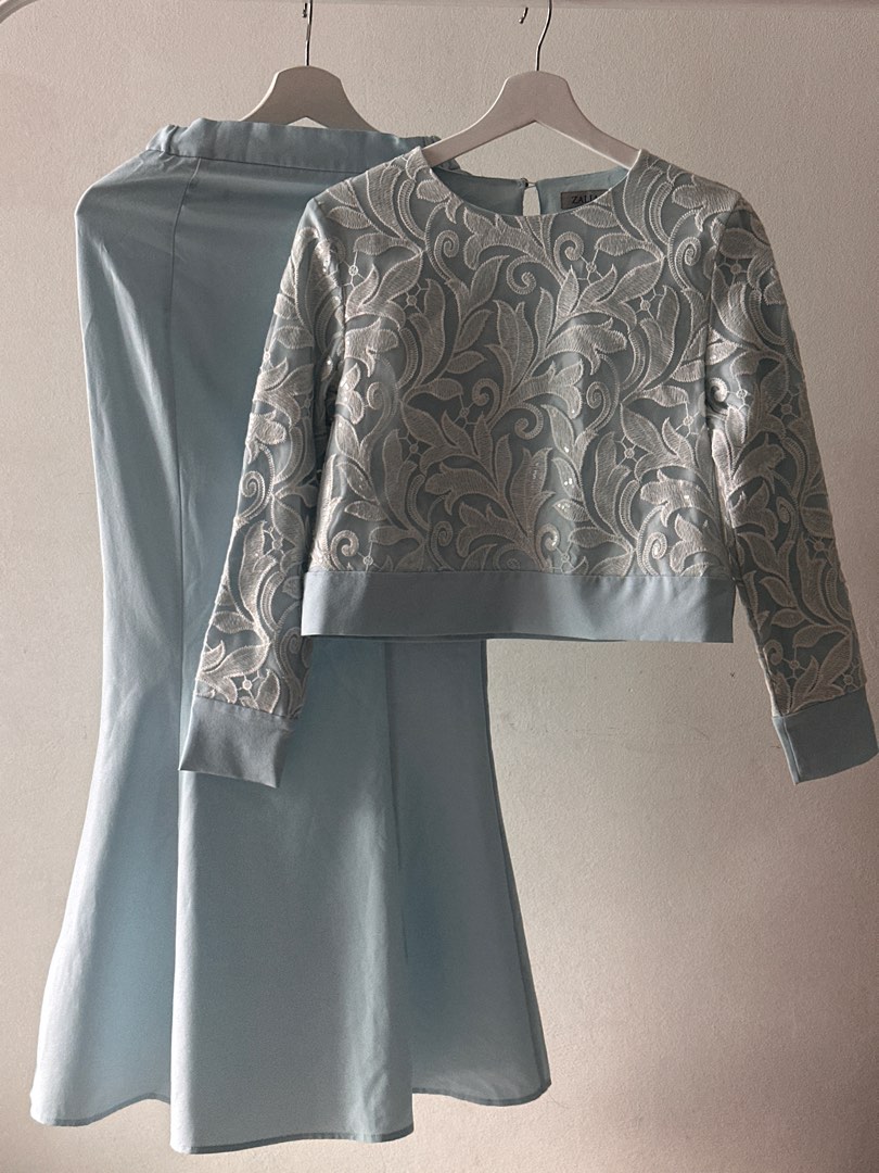 Zalia Powder Blue Modern Kurung, Women's Fashion, Muslimah Fashion ...