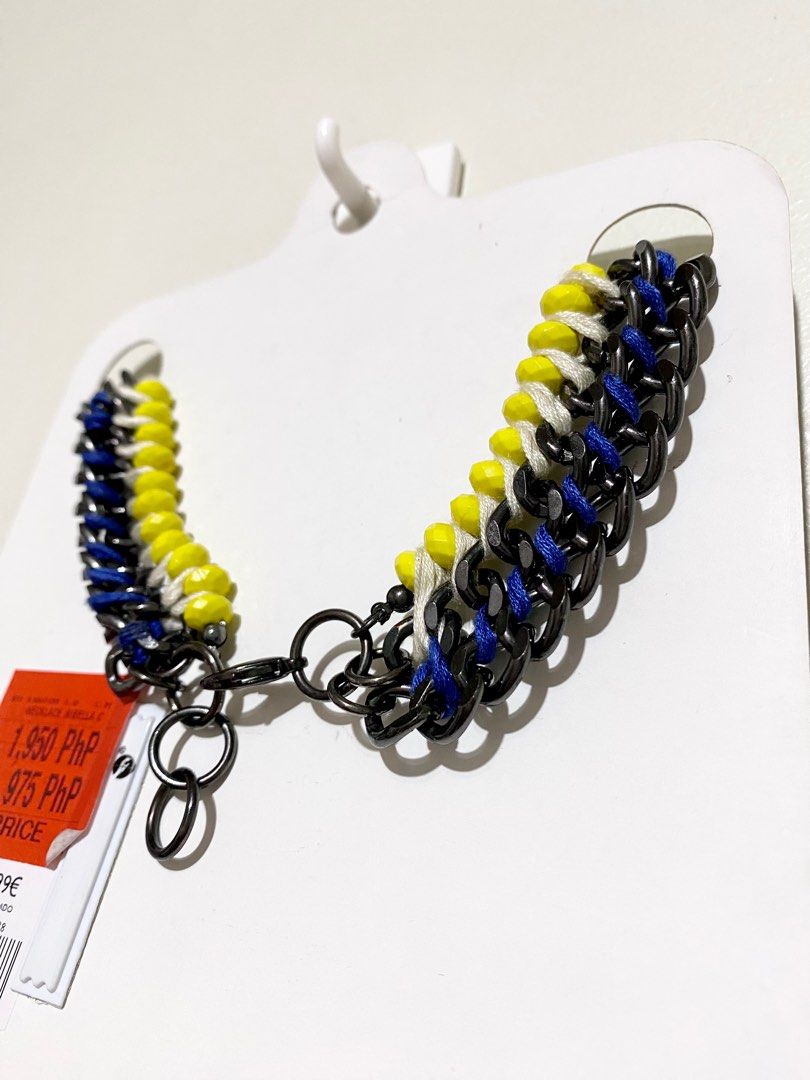 ZARA Statement Necklace: Gunmetal Chains, Blue Yellow Beads, Milk White ...