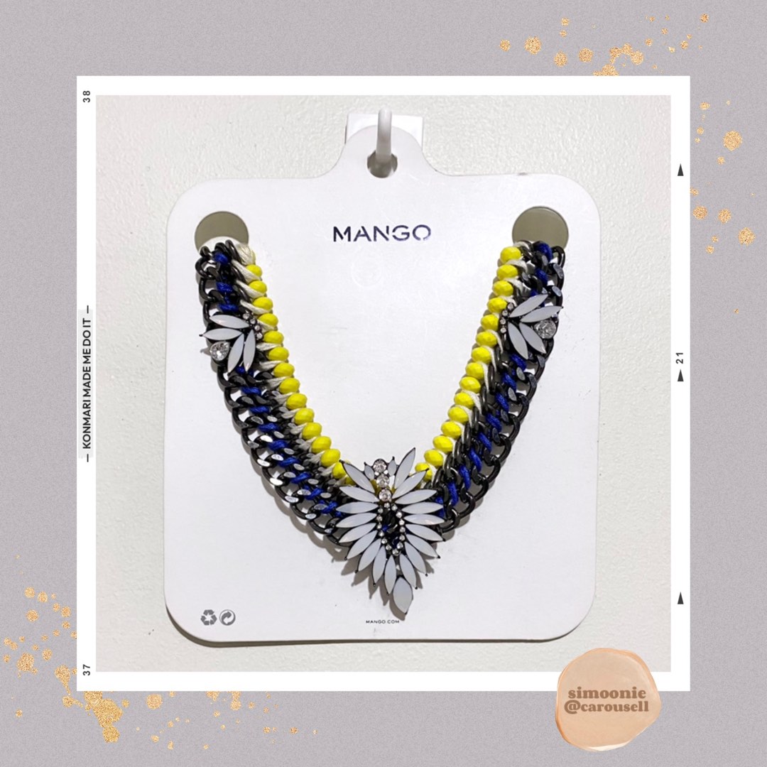 ZARA Statement Necklace: Gunmetal Chains, Blue Yellow Beads, Milk White ...