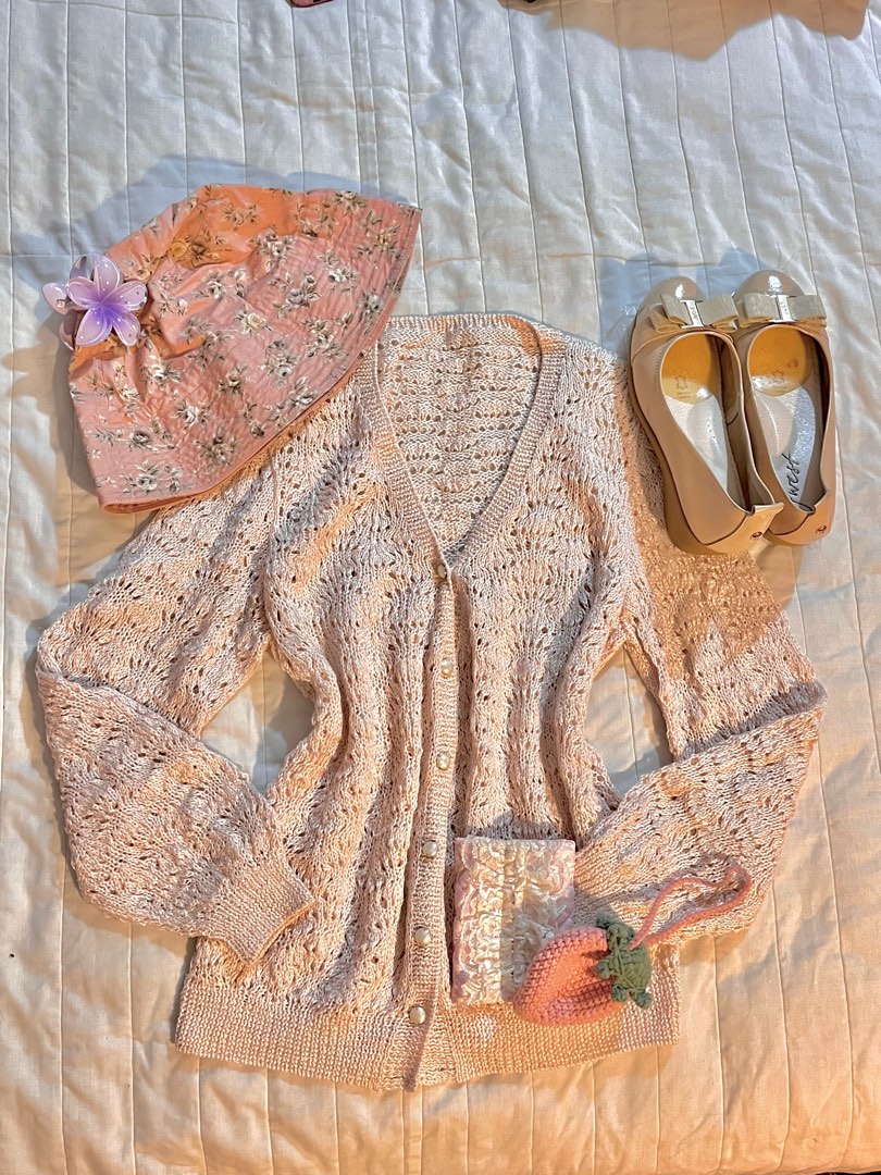 crochet coquette cardigan in soft pink with pearl buttons, Women's ...