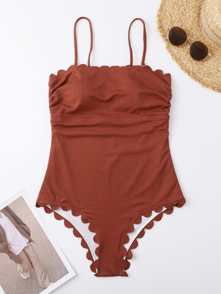 FLOAT INS Premium rust brown scallop hem trim cut out back ribbed knit ...