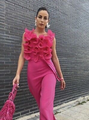 FREE SF Zara Hot Pink Ruffled Wide leg Jumpsuit, Women's Fashion ...