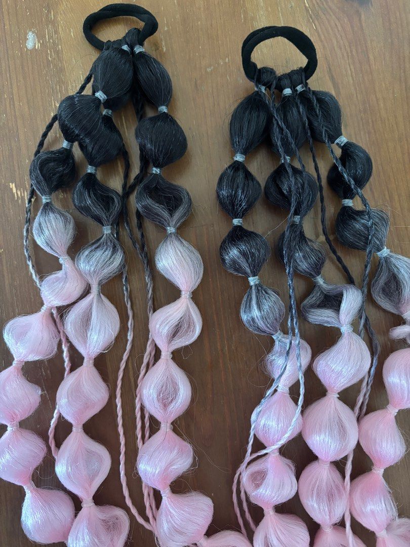 Hair extensions bubble braid pony tail in black pink color 2pcs set ...