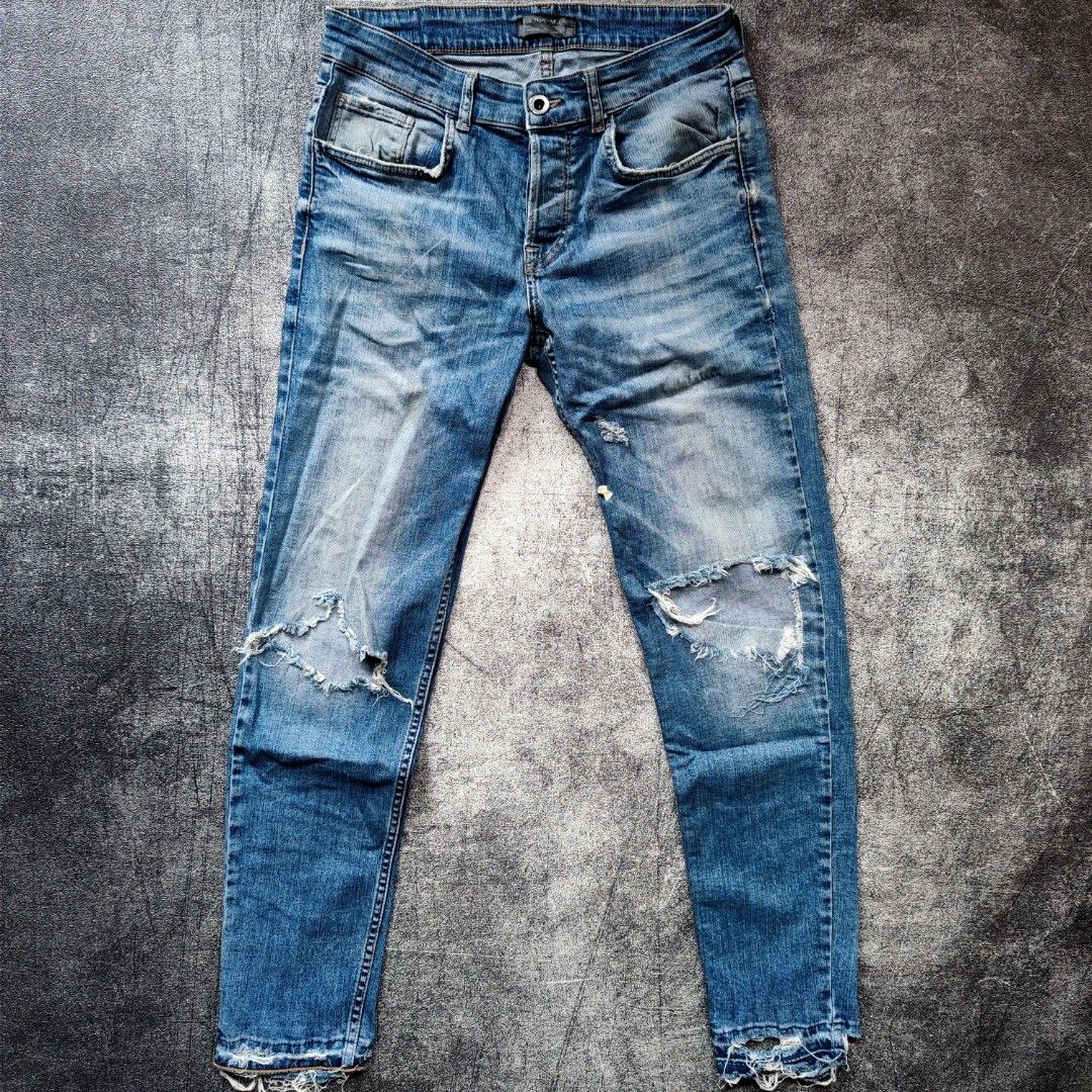 (MOHON BACA DESKRIPSI) ZARA MAN RIPPED STRETCH JEANS UNFINISHED, Fesyen ...