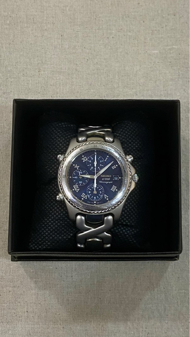 Vintage 1994 Mens Seiko 1/100th Chronograph Stainless Steel Blue Watch 7T52-7000, Men's Fashion ...