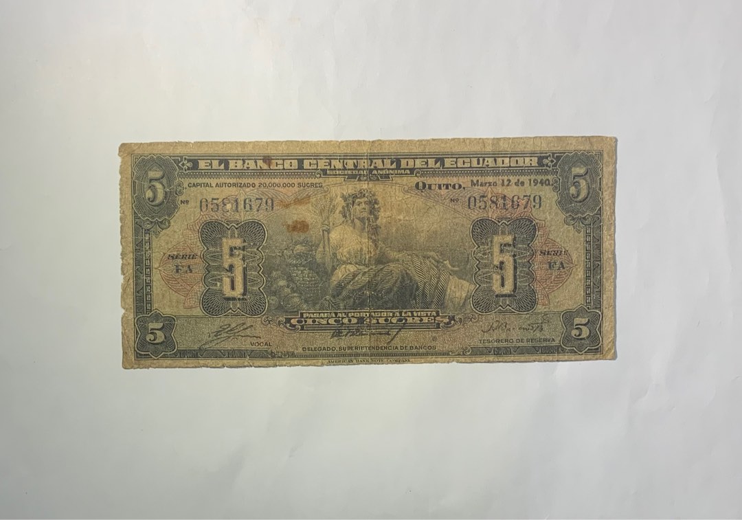 1940 Ecuador 5 Sucres Latin American old original vintage paper money ...