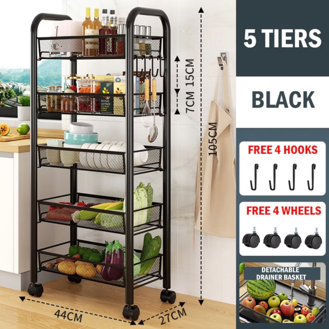 5 Tier Kitchen Trolley Rack | Movable Metal Storage Shelf With Wheels ...