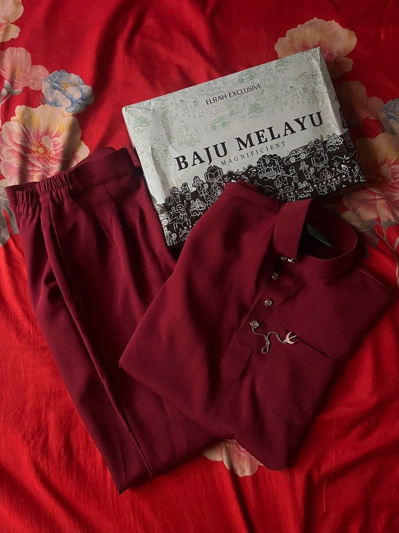 Baju Melayu Elrah Maroon (M), Men's Fashion, Muslim Wear, Baju Melayu ...