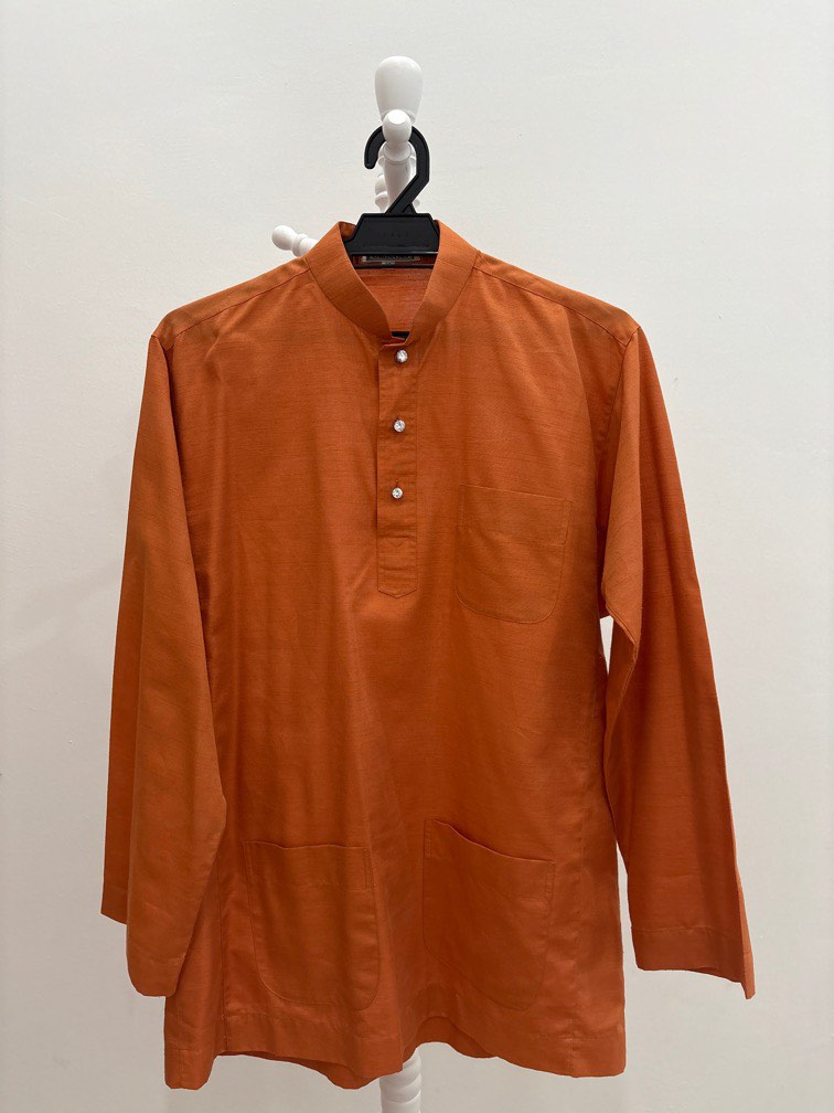 Baju Melayu Omar Ali Oren / Brick Orange Baju Raya, Men's Fashion ...