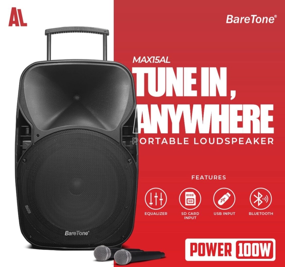 Baretone MAX-15AL Portable Speaker 15" With Two Handheld Wireless Mic ...