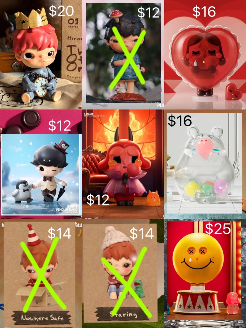 Hirono fox/cuchoo;Dimoo penguin tango; Crybaby soul eater/happie/heart ...