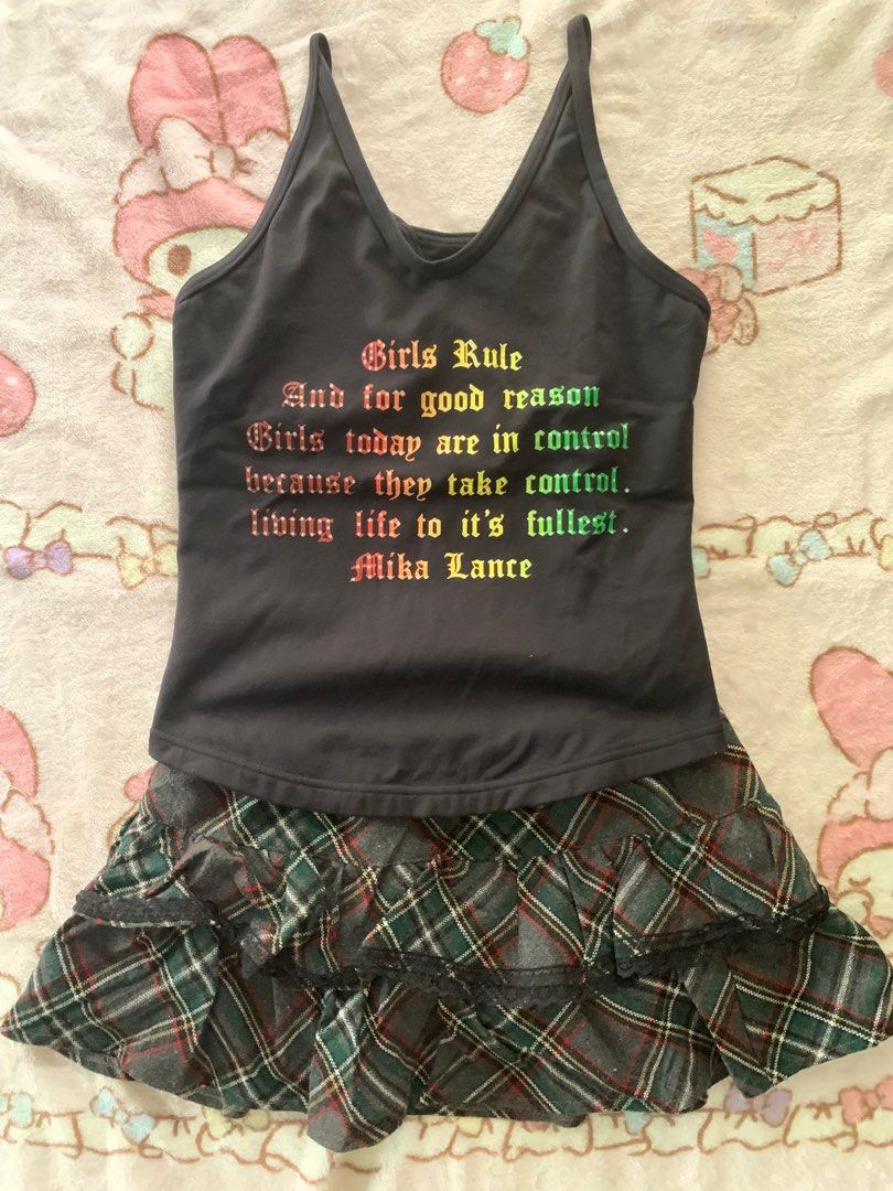 mikano vintage black tank top y2k girly & ruffle plaid skirt soft ...