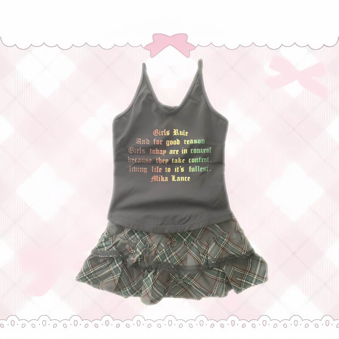 mikano vintage black tank top y2k girly & ruffle plaid skirt soft ...