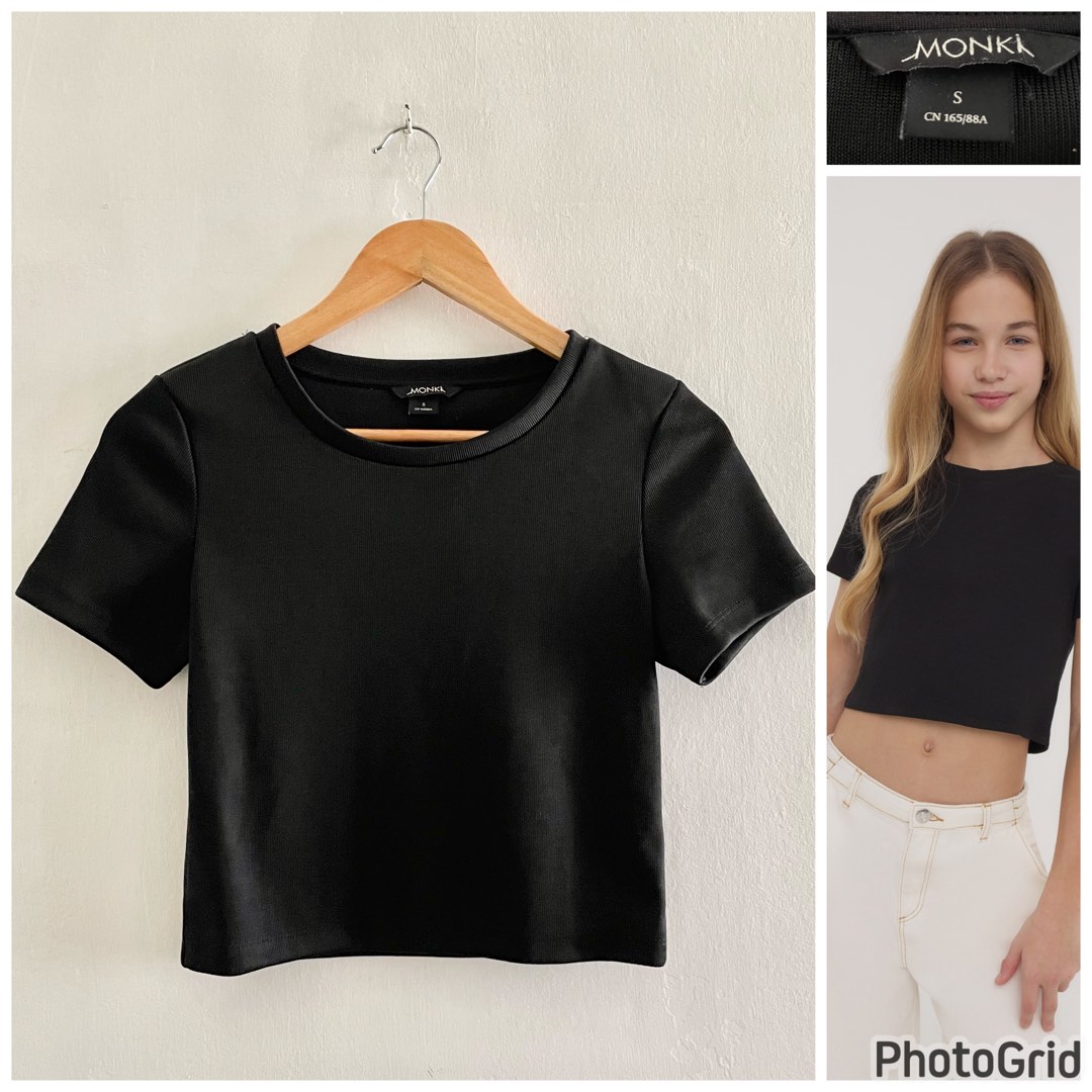 Monki black ribbed crop top, Women's Fashion, Tops, Shirts on Carousell