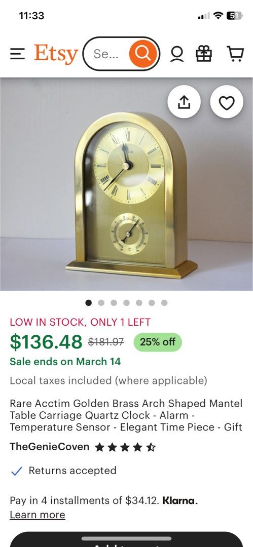 Vintage Acctim Golden Brass Arch Shaped Mantel Table Carriage Quartz ...