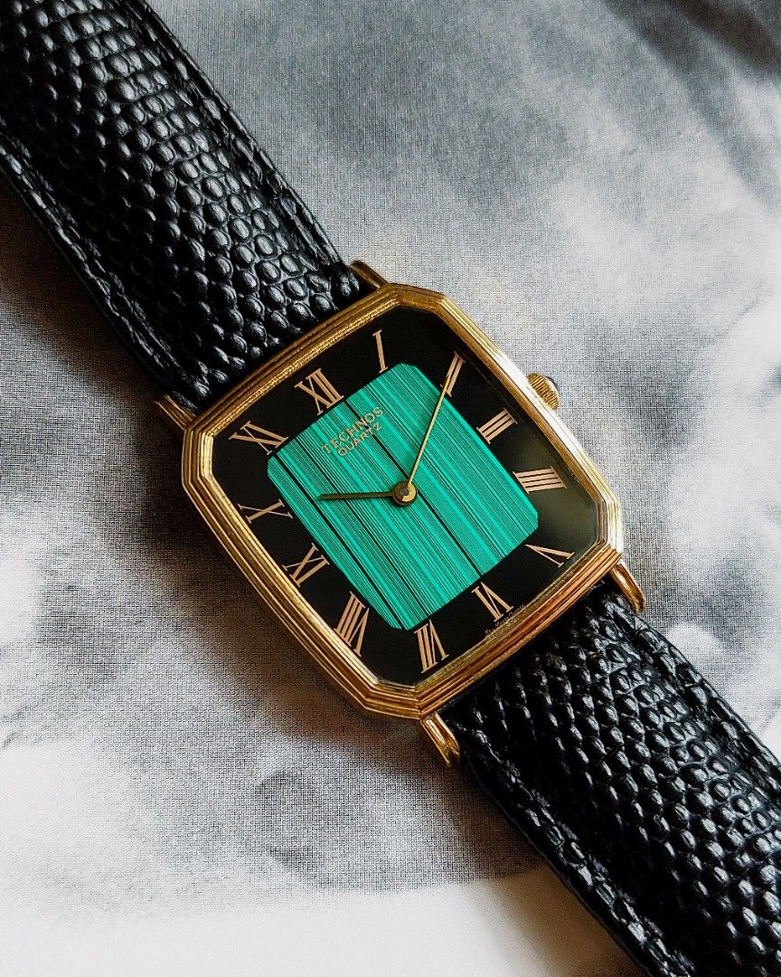 Vintage Technos Quartz 'Tank' Unisex Watch with Malachite Dial, Luxury ...