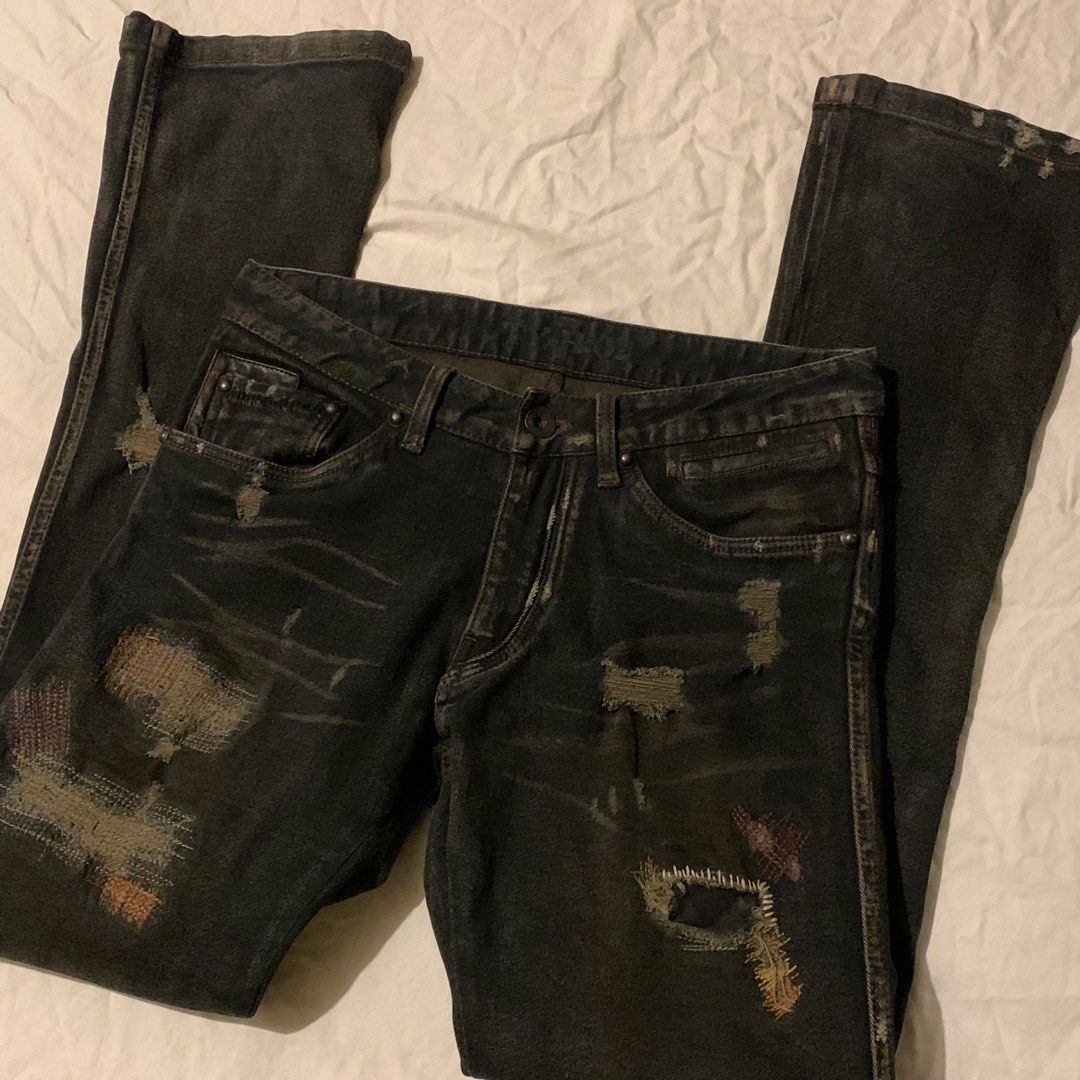 14th addiction black bootcut jeans with leather patches and stitching ...