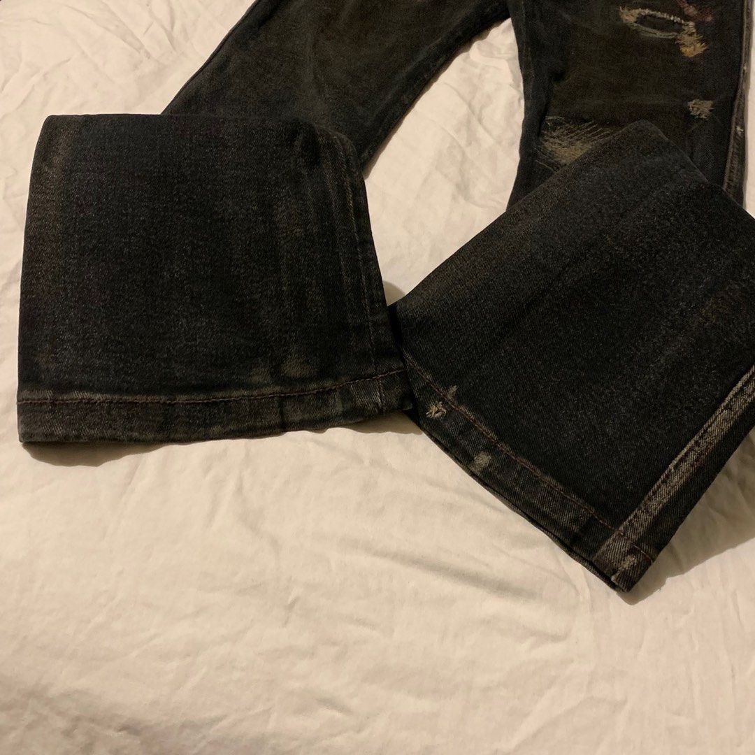 14th addiction black bootcut jeans with leather patches and stitching ...