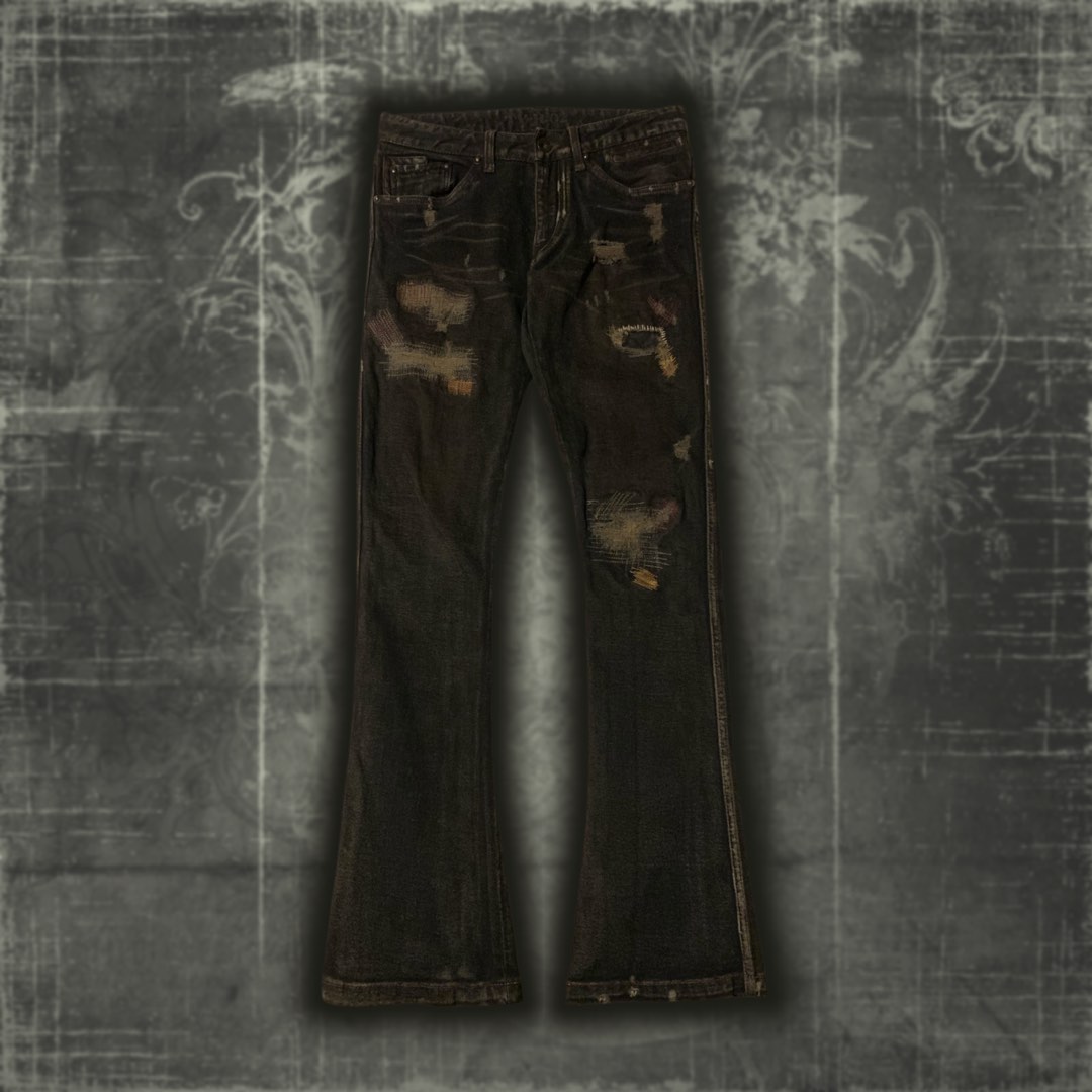 14th addiction black bootcut jeans with leather patches and stitching ...