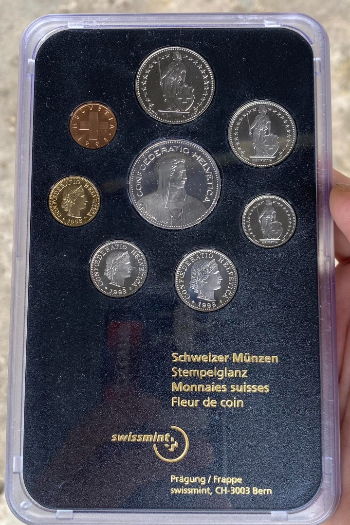 瑞士 Switzerland Proof Coin Set 7pcs (1, 5, 10, 20, 50 Rappen + 1/2, 2, 5 Franc) (1998 Swiss ...