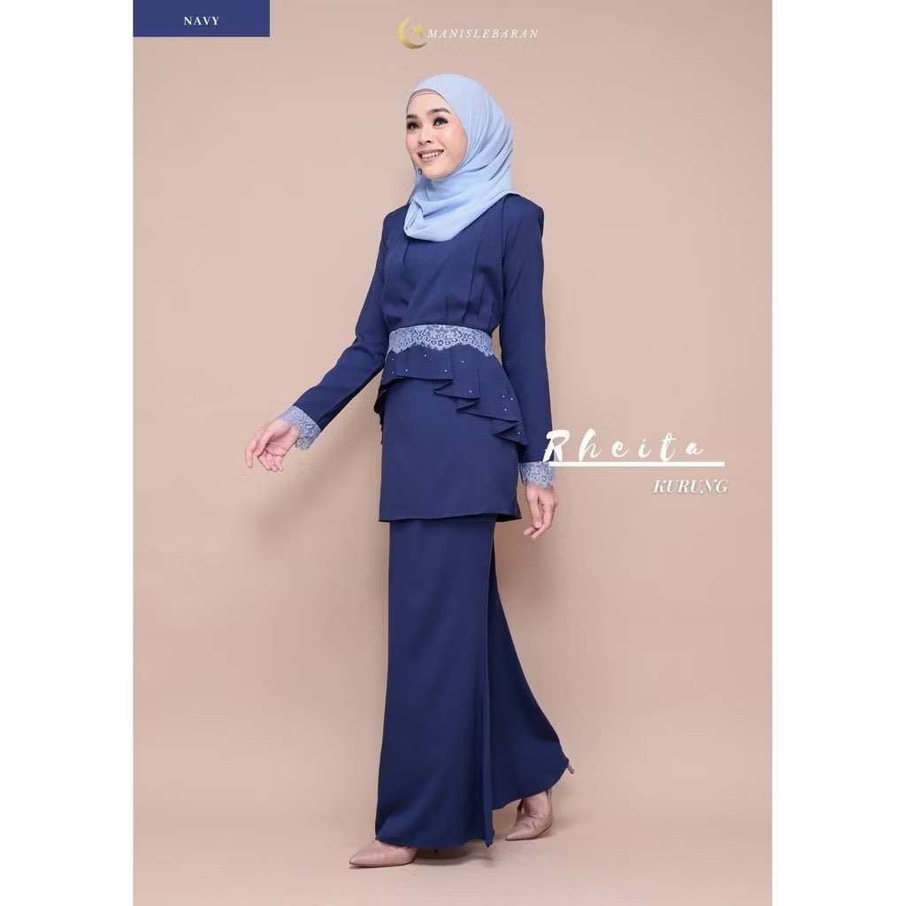 Baju Raya Navy Blue, Women's Fashion, Muslimah Fashion, Baju Kurung ...