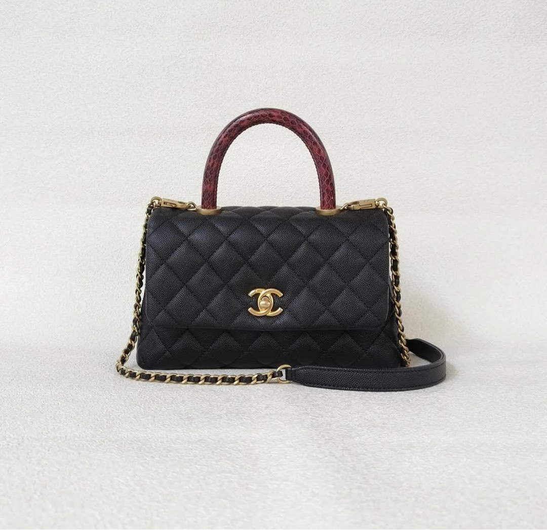 Chanel Coco Handle Small Black Caviar Red Python handle Matte gold ...