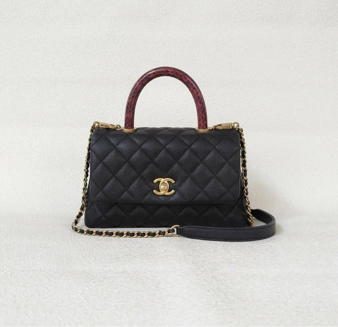 Chanel Coco Handle Small Black Caviar Red Python handle Matte gold ...