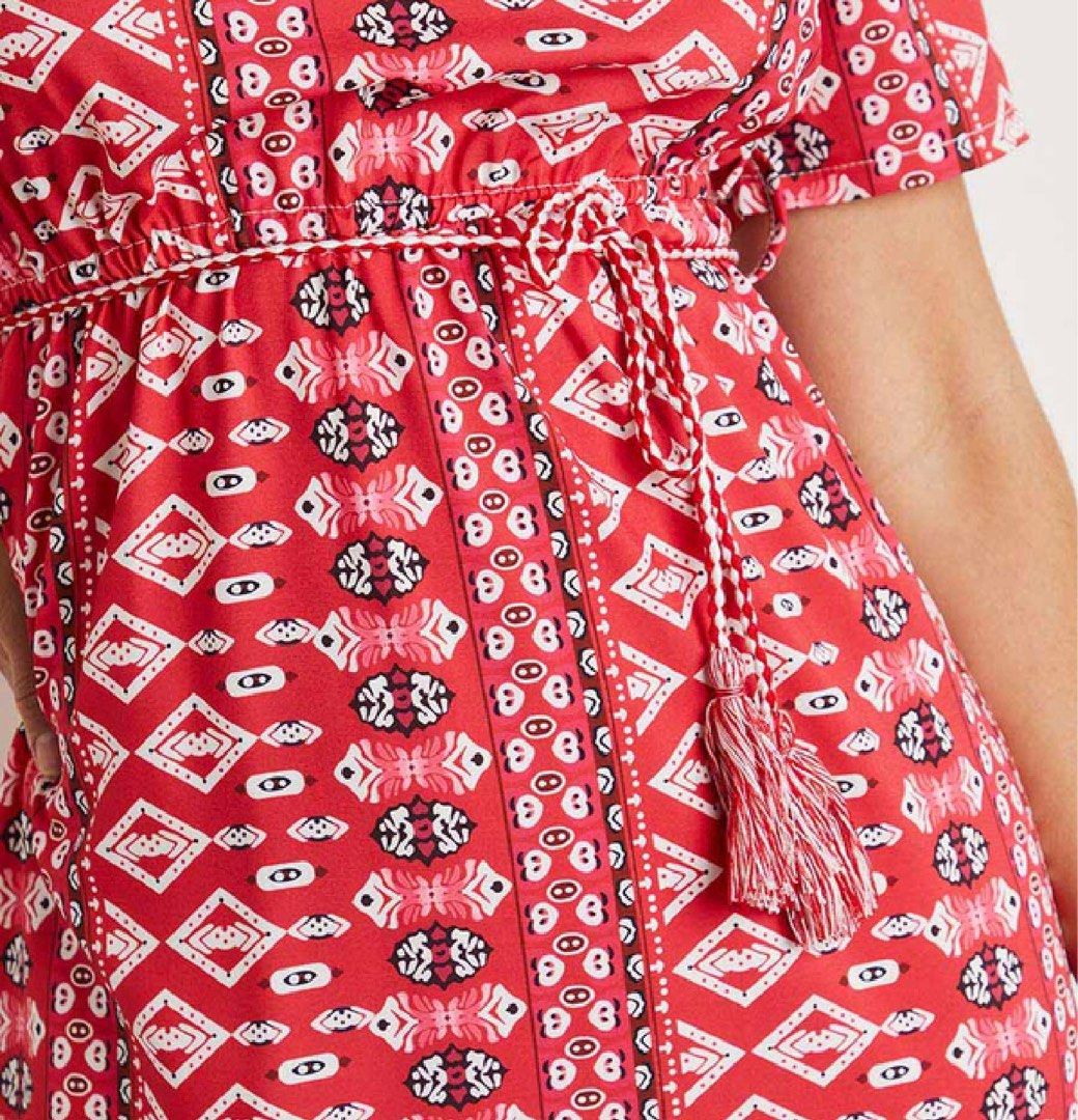Closet Red Aztec Summer Print Vneck Midi Dress with Belt and Side Slit ...