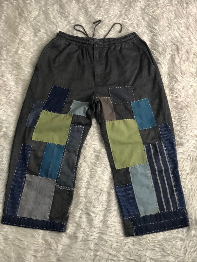 Denim no brand x custom patchwork handmade stich easy baggy black pants ...