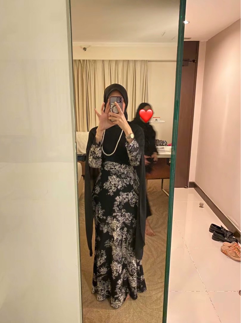 dress black hitam baju raya kurung floral corak bunga, Women's Fashion ...