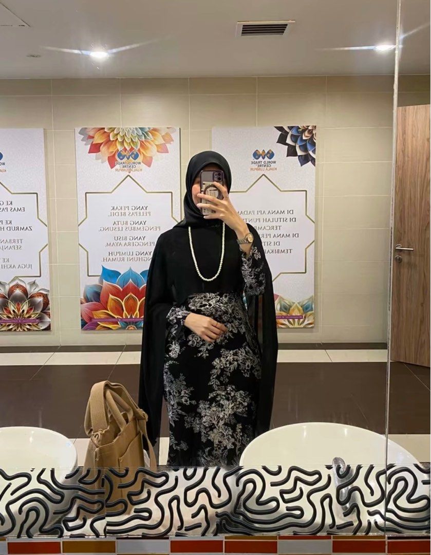 dress black hitam baju raya kurung floral corak bunga, Women's Fashion ...