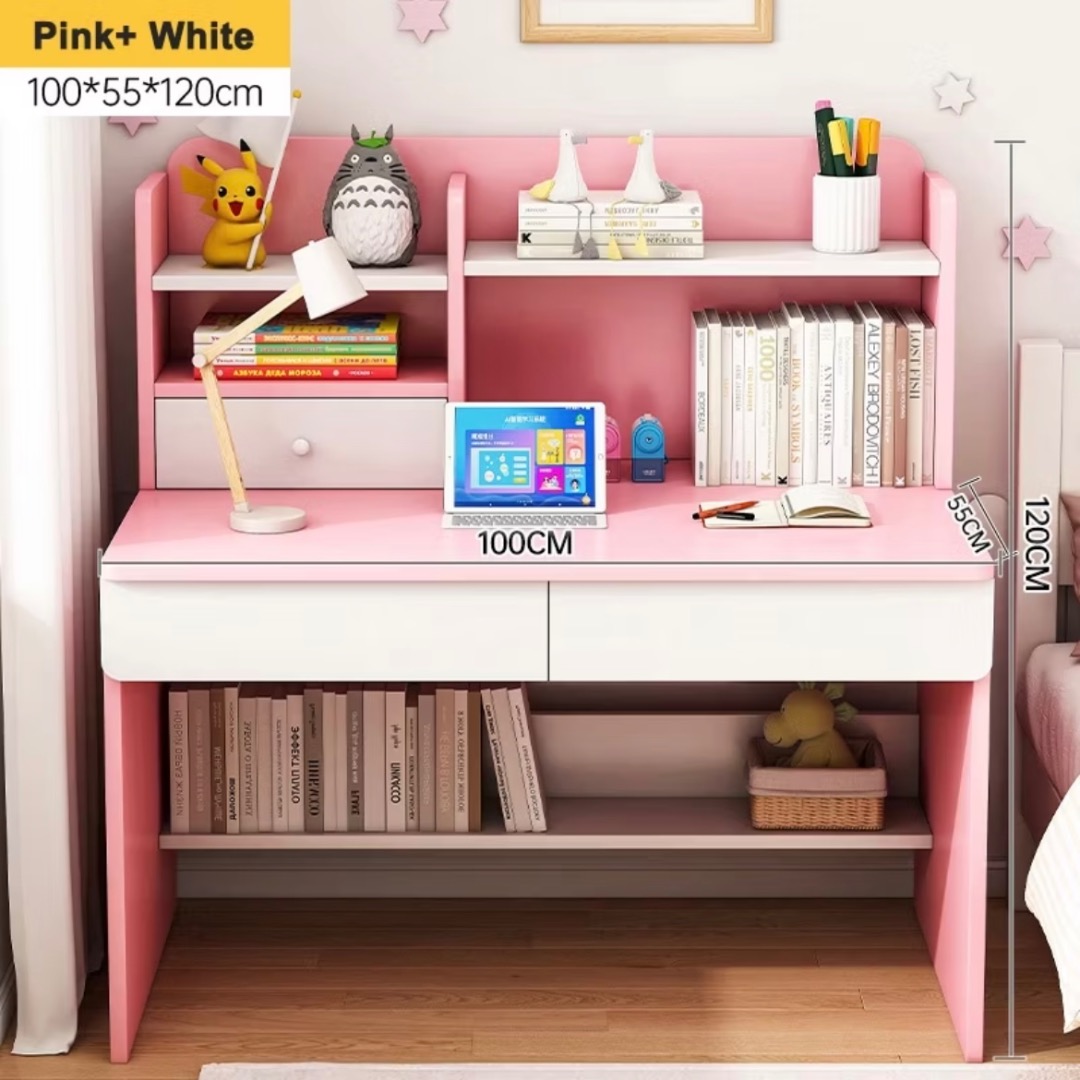 Pink Study Table With Drawers | Kids Desk With Shelves And Storage ...
