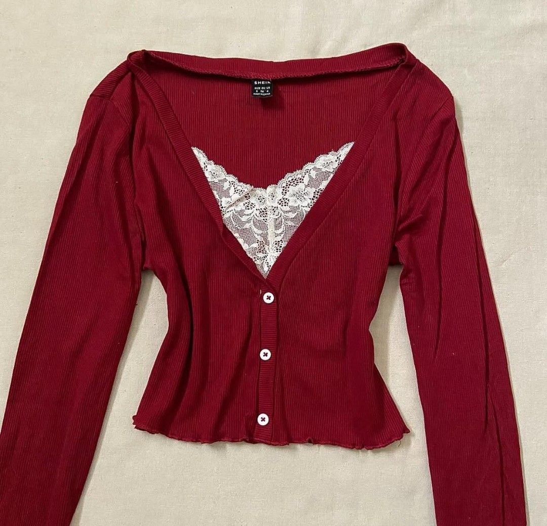 SHEIN Crop Cardigan maroon brukat lace putih // zara ralph lauren polo ...