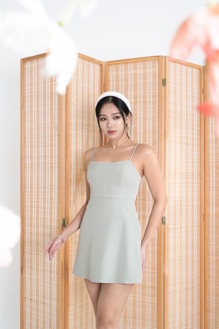 topazette eunoia dress romper in sage green, Women's Fashion, Dresses & Sets, Rompers on Carousell