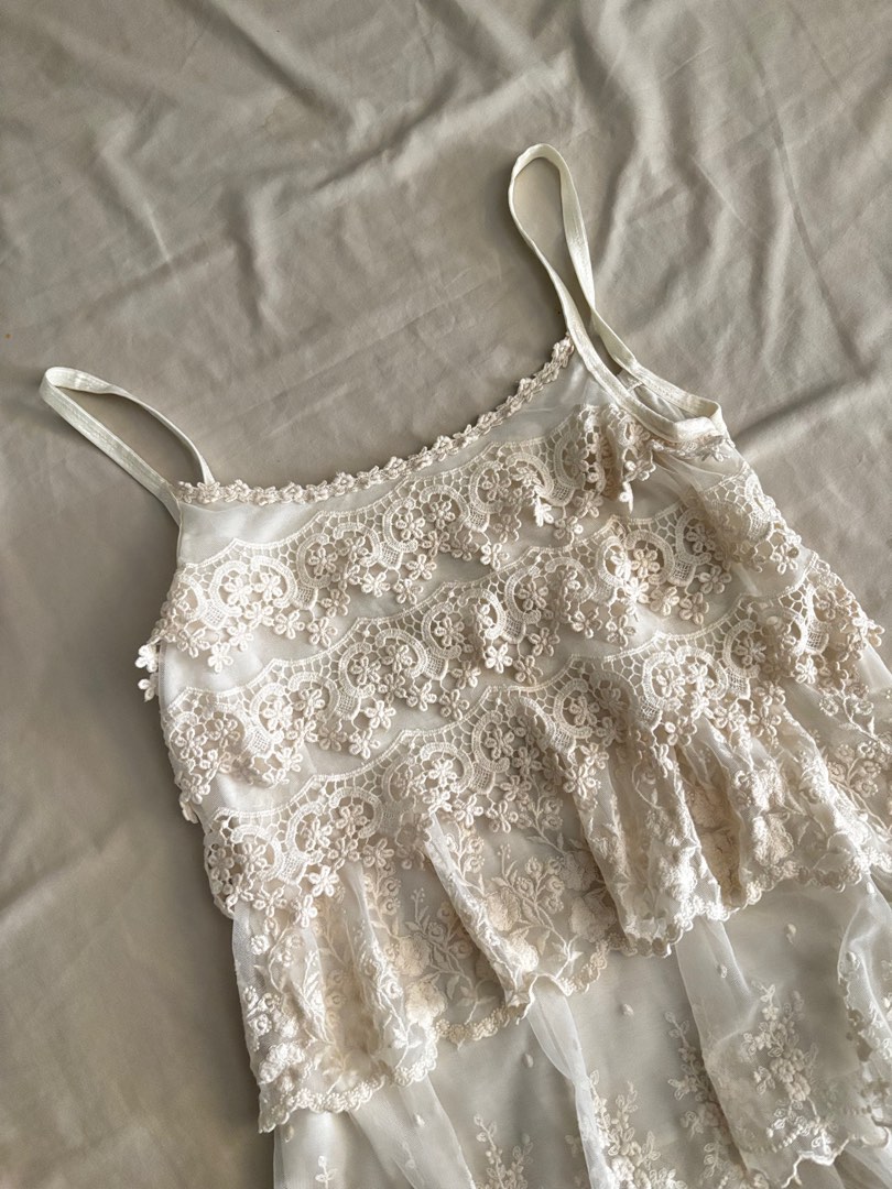 Coquette lace cream white ruffle tank top, Women's Fashion, Tops ...