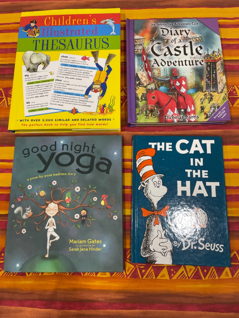 Different English books : YOGA for kids , Illustrated Thesaurus, Castle ...