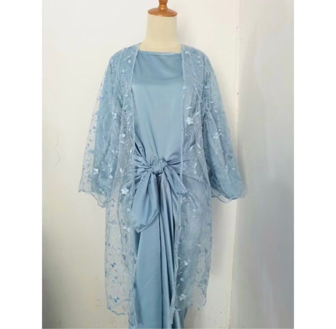 Lace outer and inner wear robe, Women's Fashion, Muslimah Fashion, Baju ...