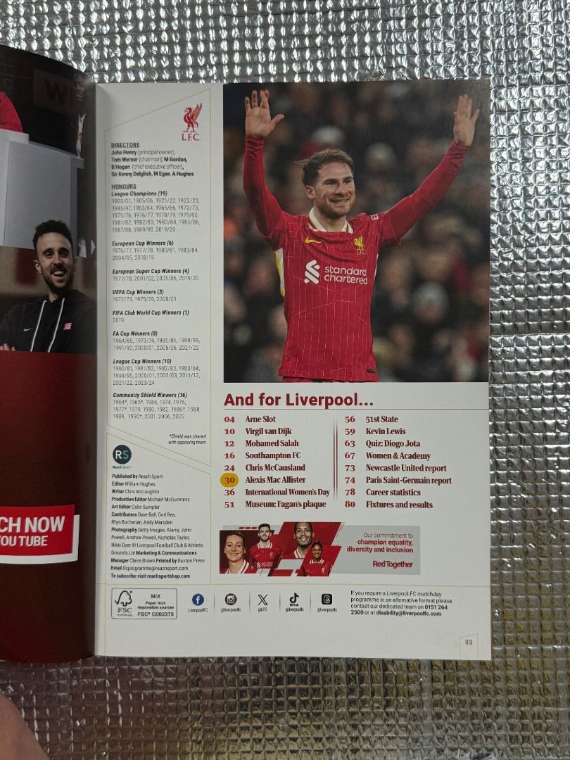 Official Liverpool FC Matchday Program (08 March 2025), Unpacked A1 ...
