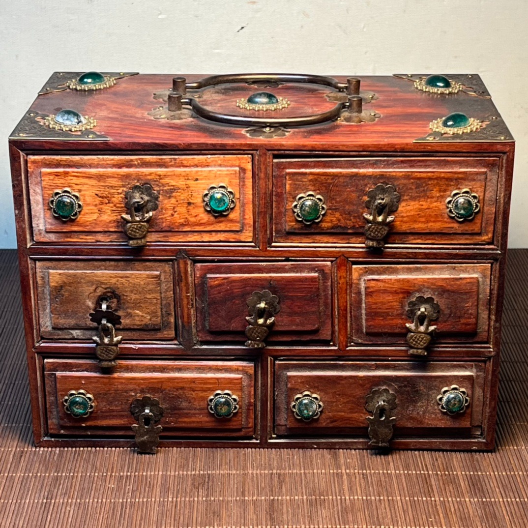 Old Hidden Pear Wood with Gemstone Carving, Seven Draw Medicine Box ...