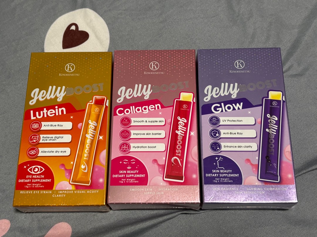 BNIB Kinohimitsu Jellyboost Collagen/ Glow/ Lutein (15s a box), Health ...
