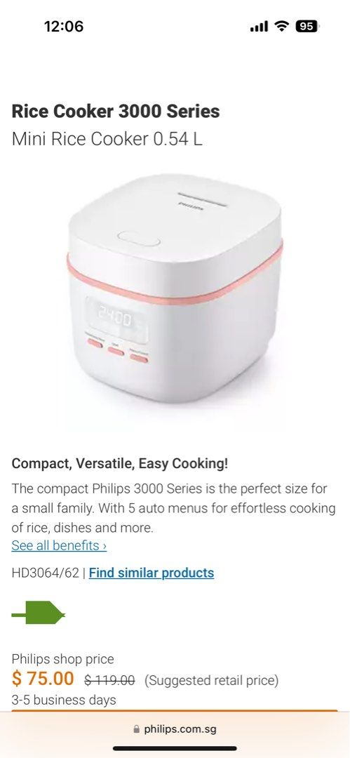 Philips Rice Cooker 3000 series mini 0.54l, TV & Home Appliances ...