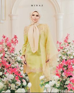 Cendana Lime mini Kurung L (Minaz), Women's Fashion, Muslimah Fashion ...