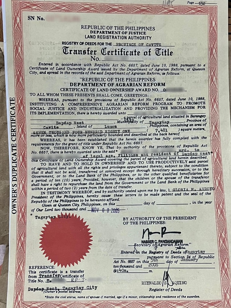 CLOA TITLE Tagaytay residential/commercial lot Brgy. Dapdap West CLOA ...