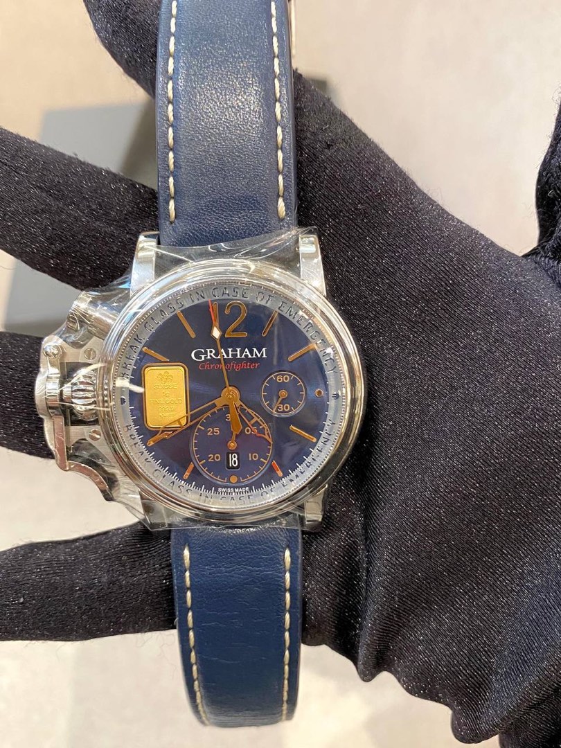 GRAHAM CHRONOFIGHTER VINTAGE GOLD EMERGENCY BLUE EDITION DIAL INLAID WITH 1G 999 GOLD BAR REF ...